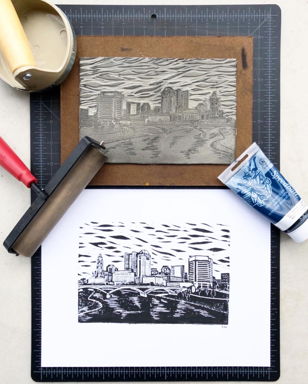 Columbus Ohio Skyline Handmade Linoleum Ink Print - Etsy