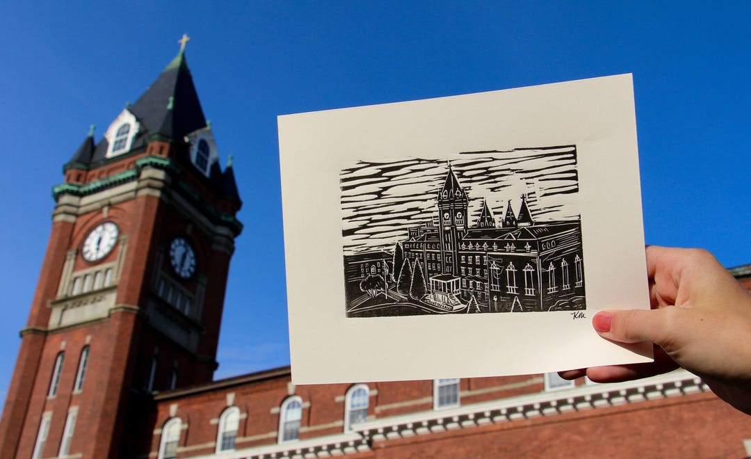 College of the Holy Cross O'kane Clock Tower Hand-pressed Linoleum Ink ...