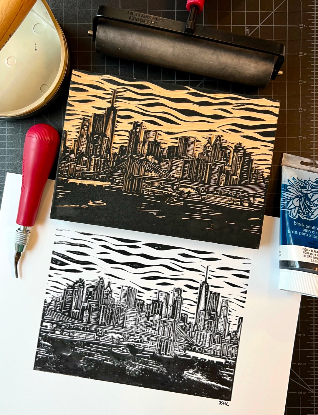 New York City Skyline Linoleum Print - Etsy