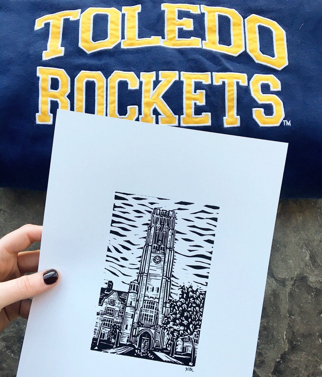 University of Toledo University Hall Bell Tower Hand-pressed Linoleum ...