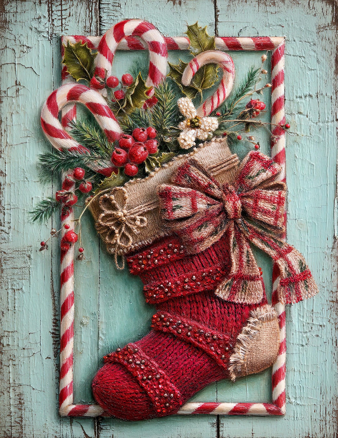Vintage Red Christmas Stocking Metal Sign, 8x10 Farmhouse Holiday Wall ...