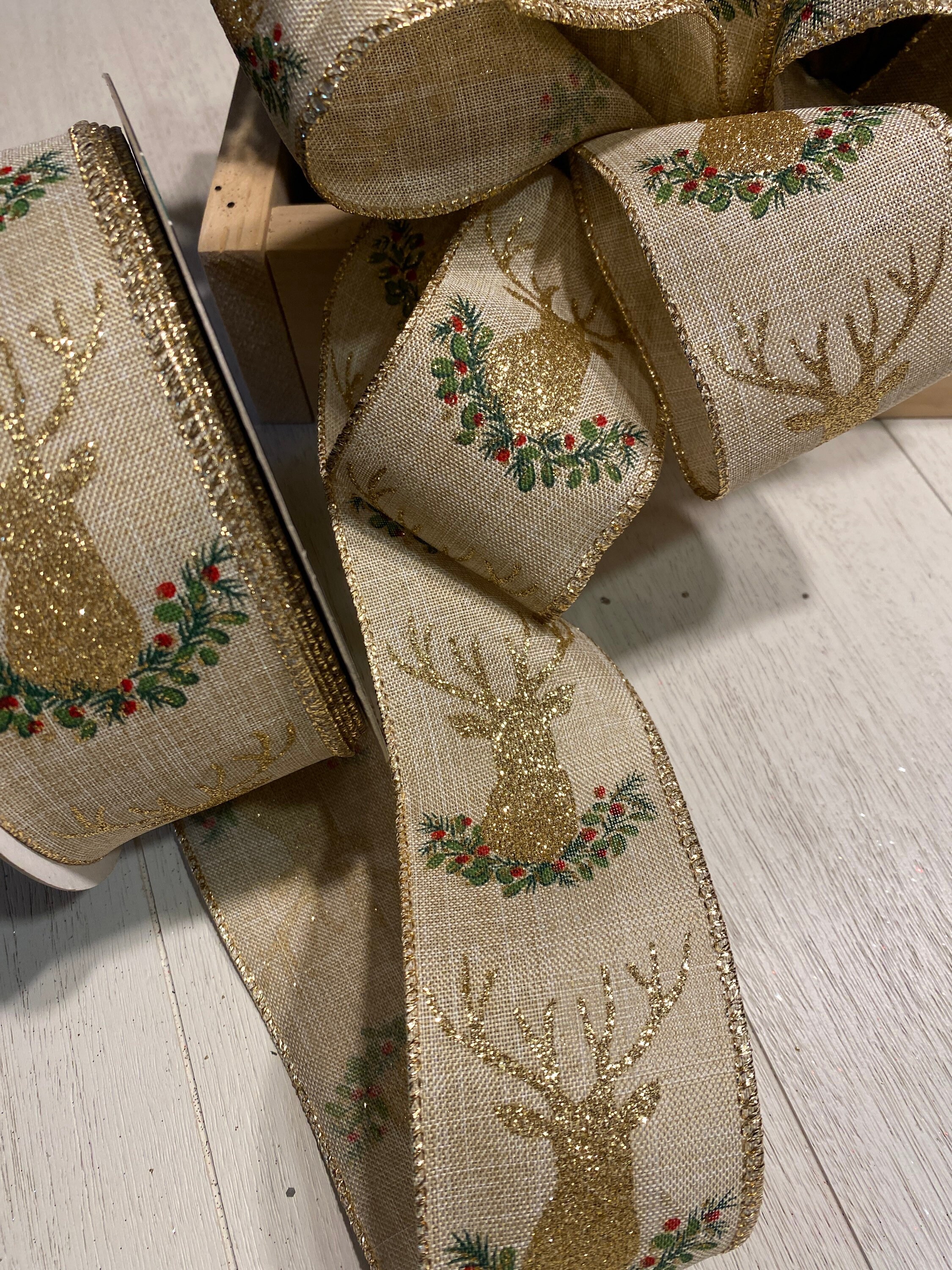 Christmas Ribbon Glitter Deer Ribbon-wired Ribbon-wreath - Etsy Hong Kong