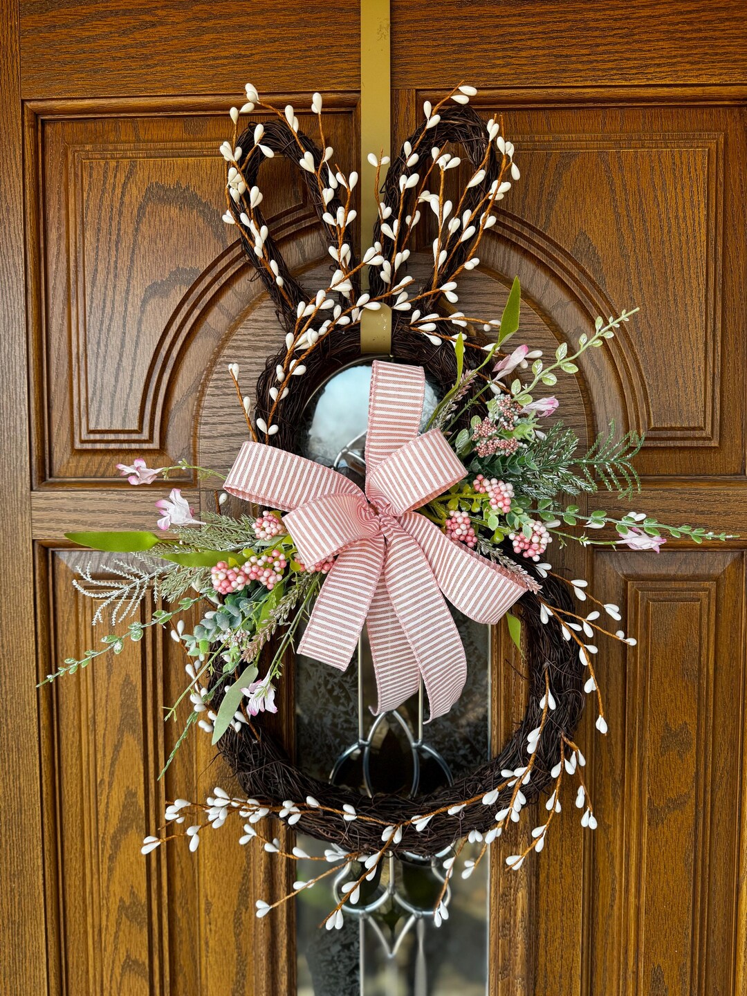 Spring Bunny Wreath for Front Door, Grapevine Easter Bunny Door Hanger ...
