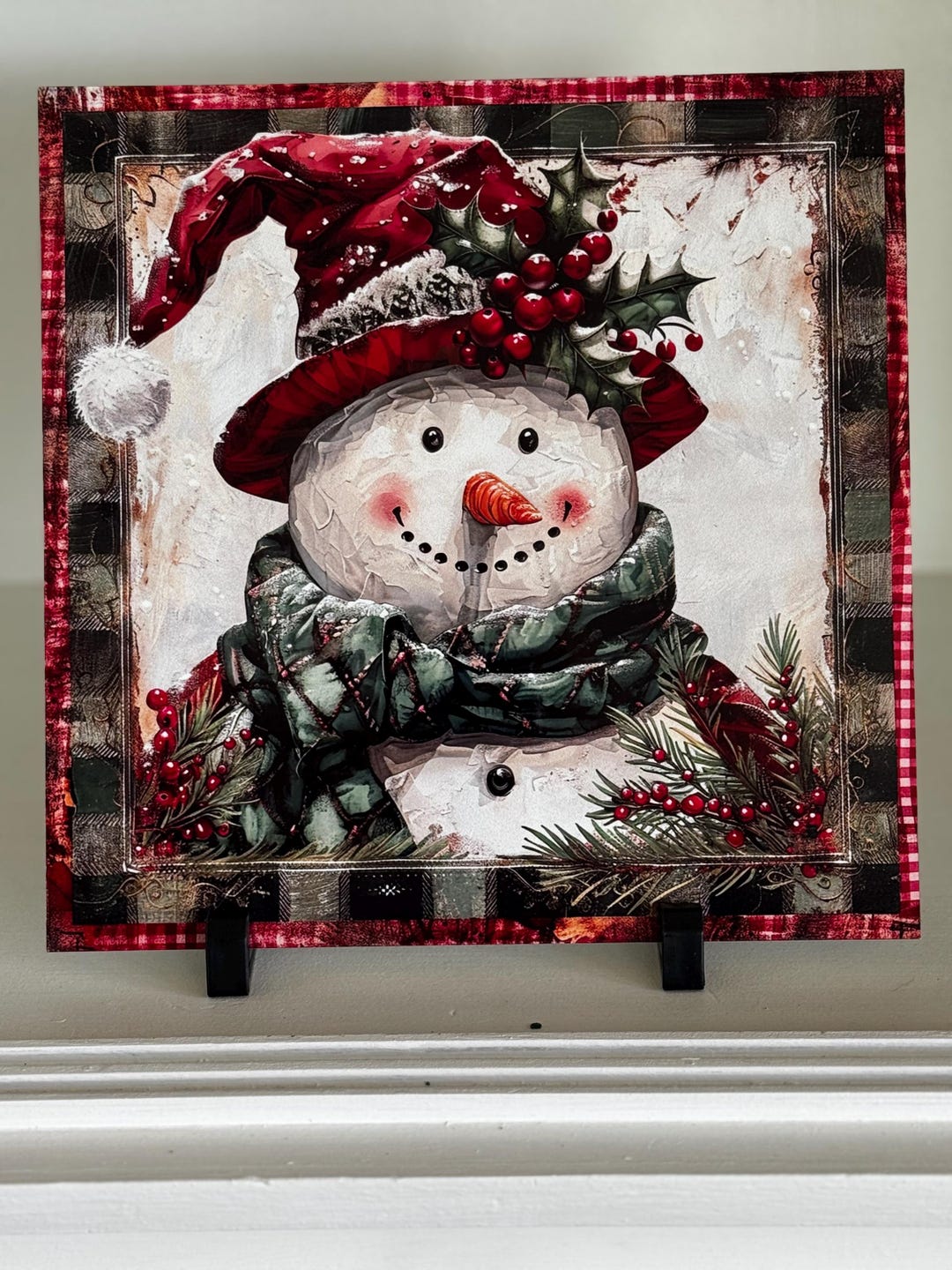 Rustic Christmas Snowman Metal Sign, 10x10 Holiday Decor, Vintage Plaid ...