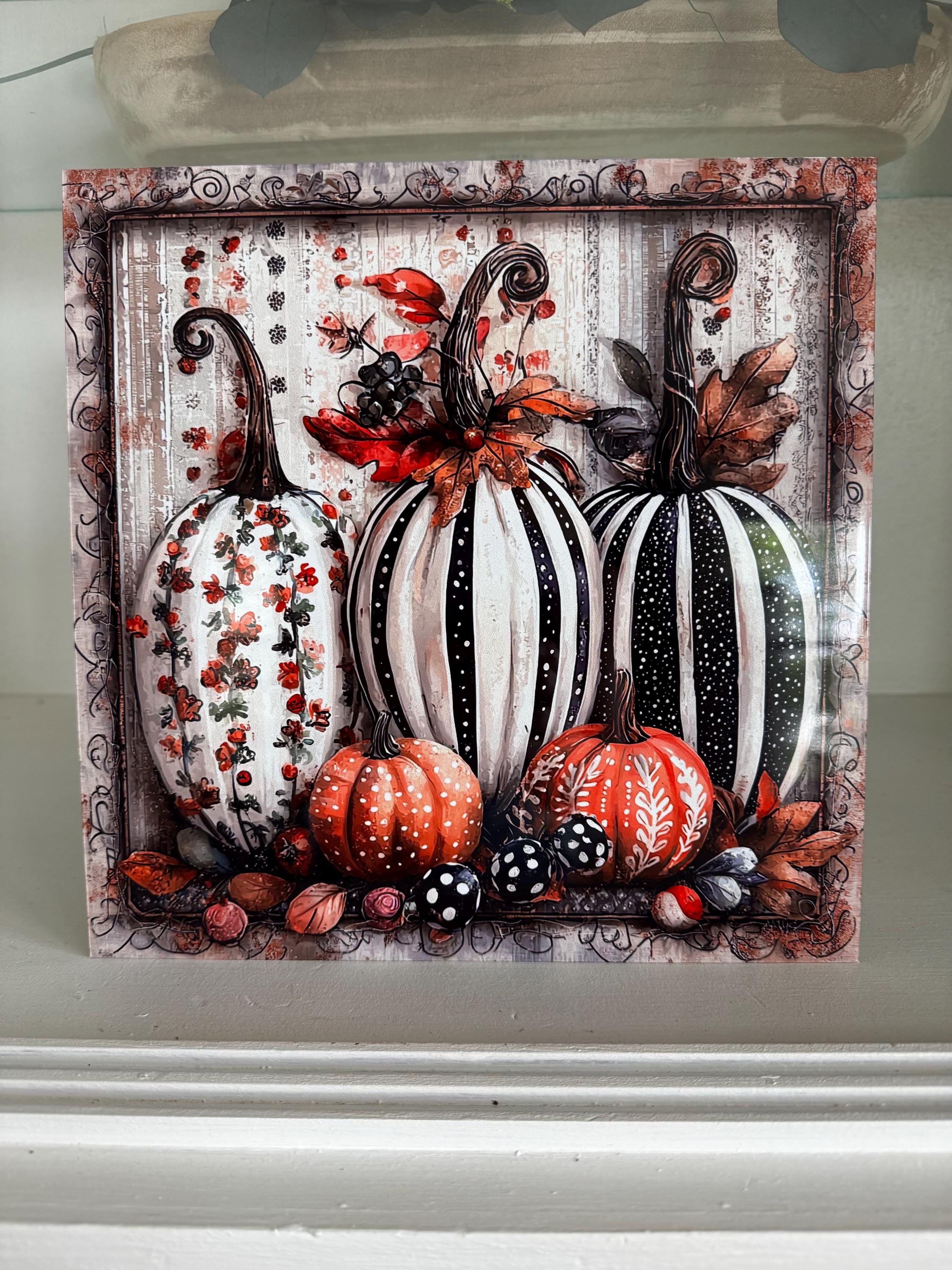 Fall Pumpkin Metal Sign – 10x10 Black & White Pumpkin Wall Art – Autumn ...