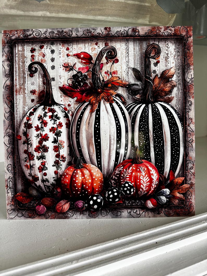 Fall Pumpkin Metal Sign – 10x10 Black & White Pumpkin Wall Art – Autumn ...