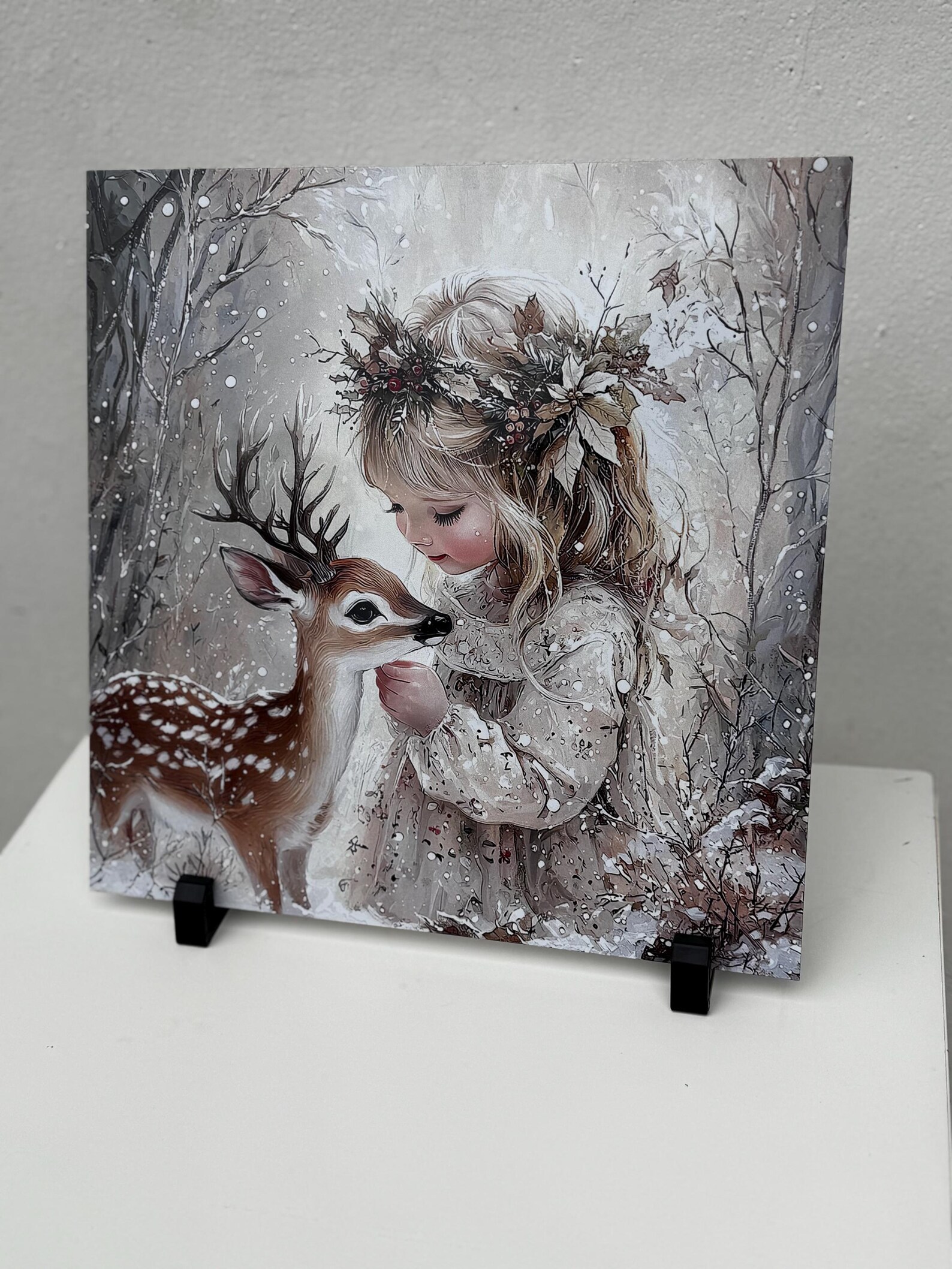 Winter Woodland Girl and Deer Metal Sign, 10x10 Rustic Christmas Wall ...