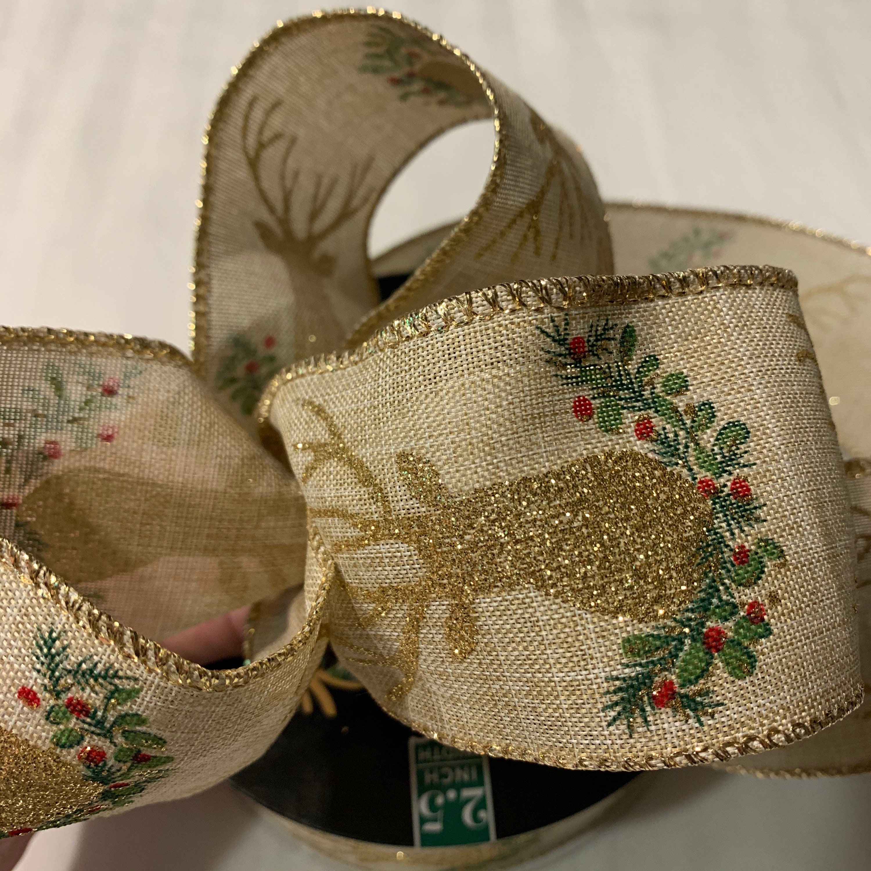 Christmas Ribbon Glitter Deer Ribbon-Wired Ribbon-Wreath | Etsy