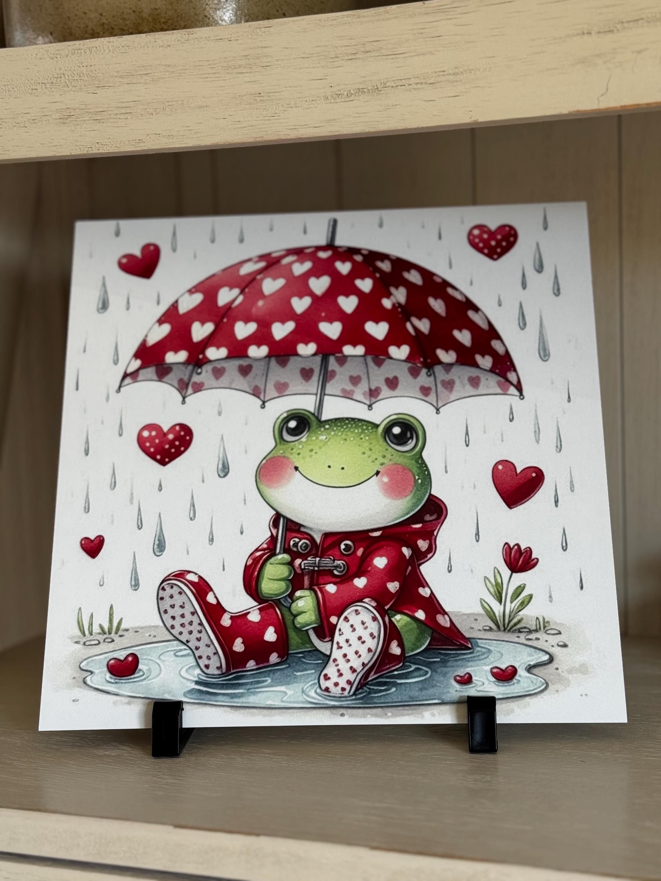 Cute Frog Valentine Metal Sign 10x10, Frog With Umbrella Heart Rain ...
