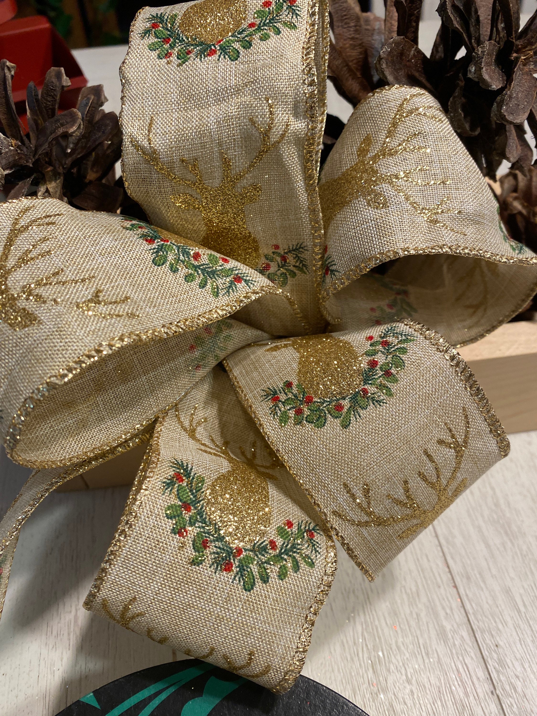 Christmas Ribbon Glitter Deer Ribbon-Wired Ribbon-Wreath | Etsy