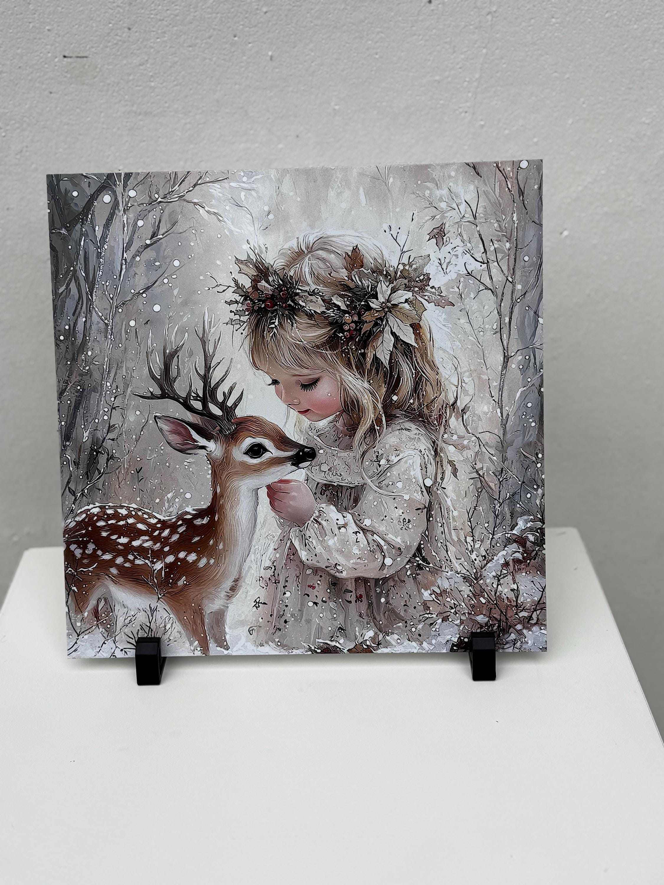 Winter Woodland Girl and Deer Metal Sign, 10x10 Rustic Christmas Wall ...