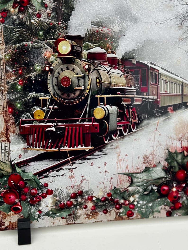 Vintage Christmas Train Metal Sign, 10x10 Holiday Wall Décor With Holly ...