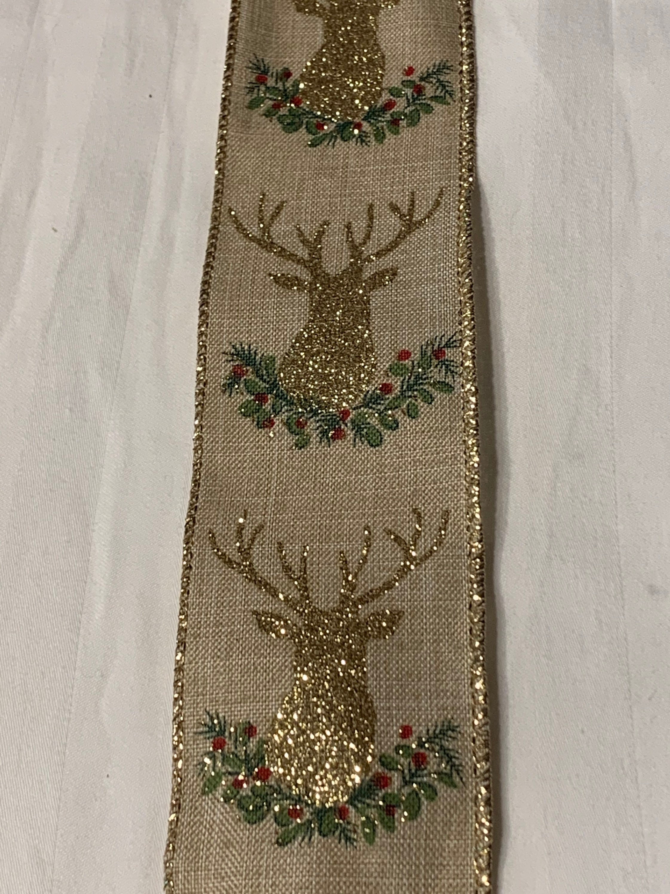 Christmas Ribbon Glitter Deer Ribbon-Wired Ribbon-Wreath | Etsy
