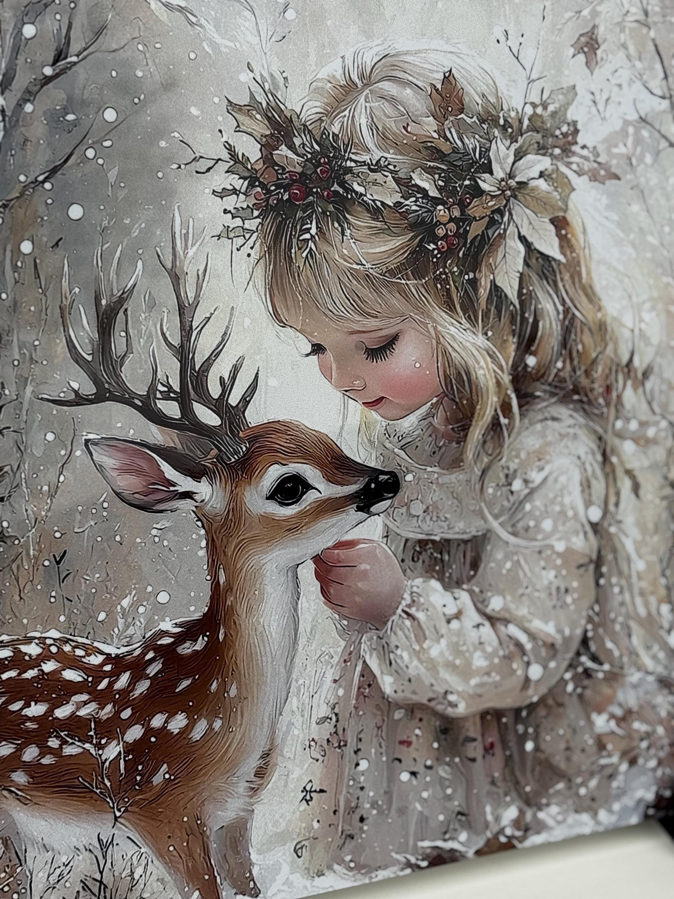 Winter Woodland Girl and Deer Metal Sign, 10x10 Rustic Christmas Wall ...