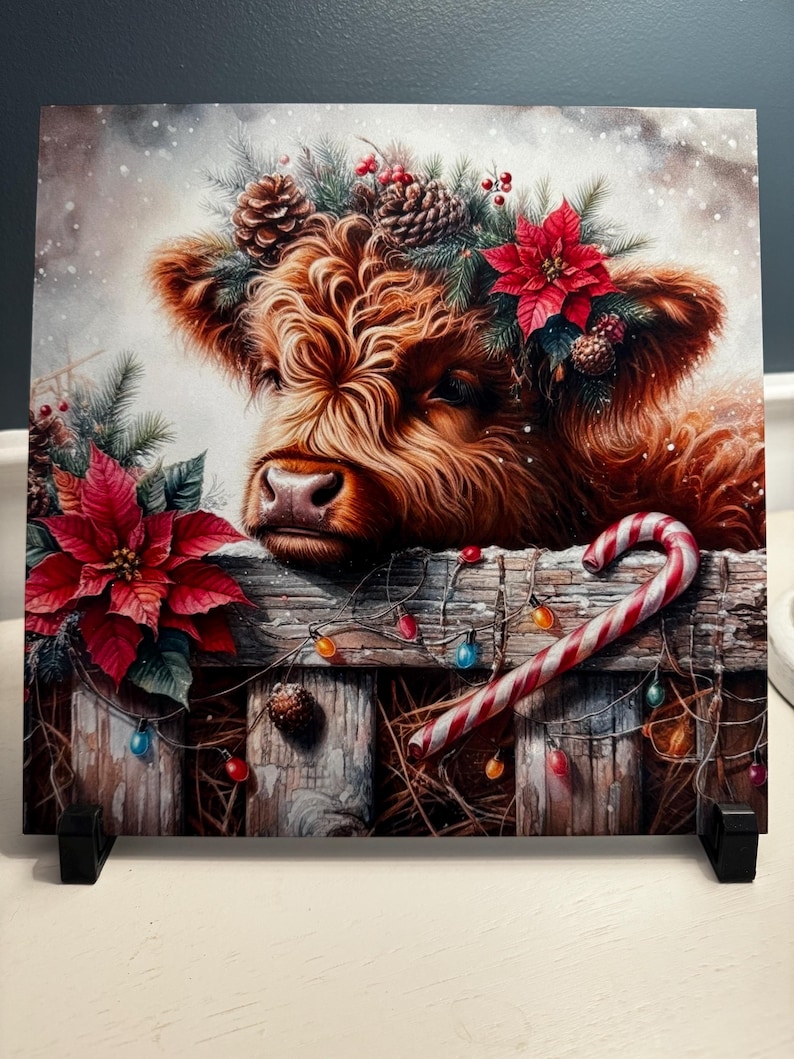 10-inch Christmas Highland Cow Metal Sign, Festive Fence Design With ...