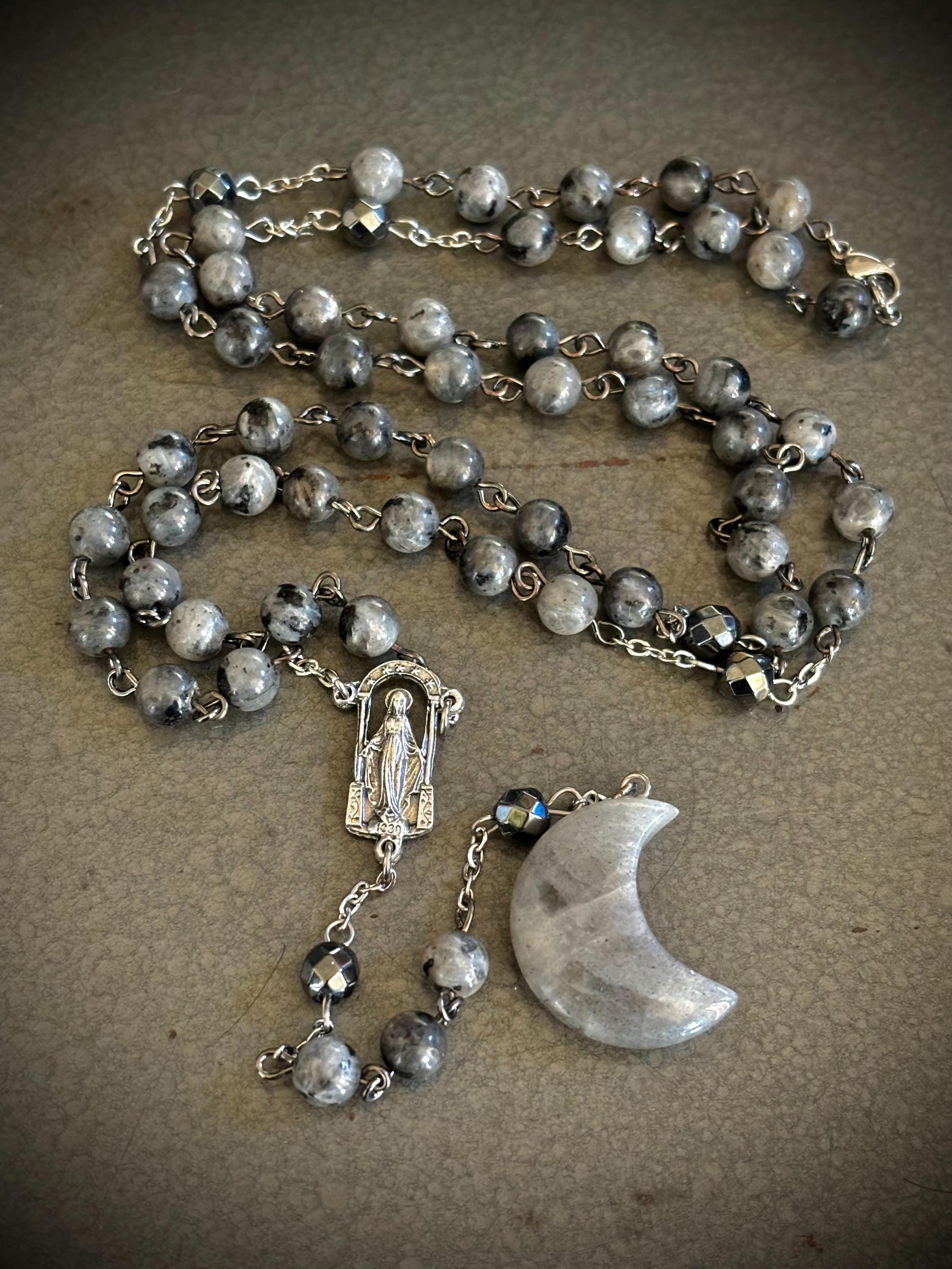 Mystic Mary - Labradorite Crescent Moon Necklace With Hematite Beads ...