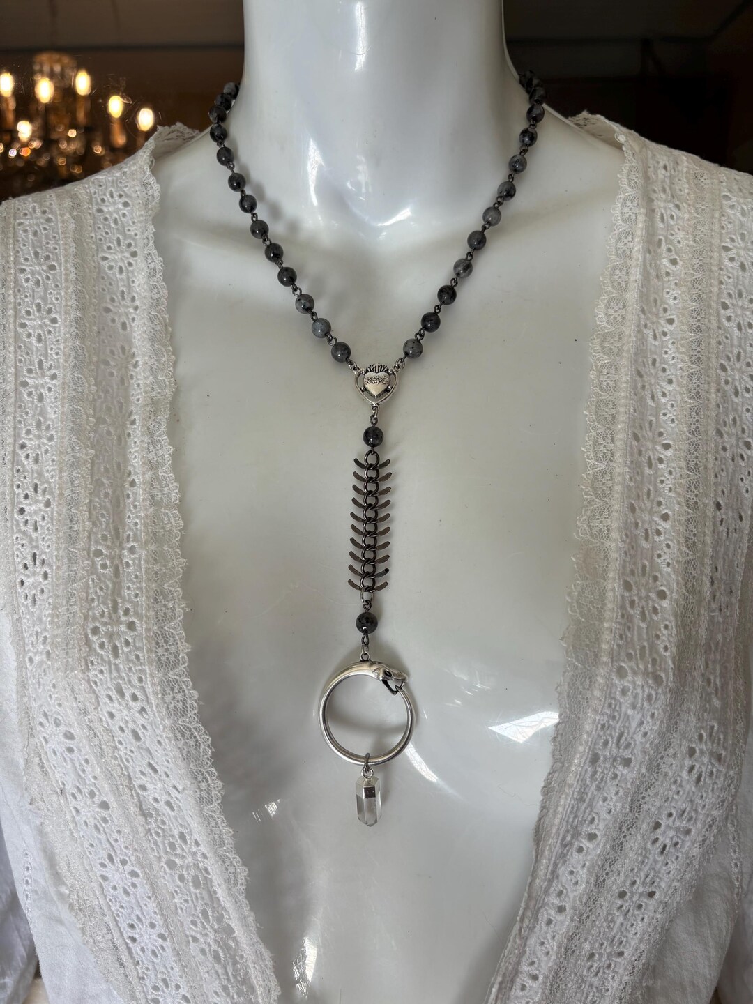 Ouroboros - Labradorite Rosary Necklace With Sacred Heart Centerpiece ...