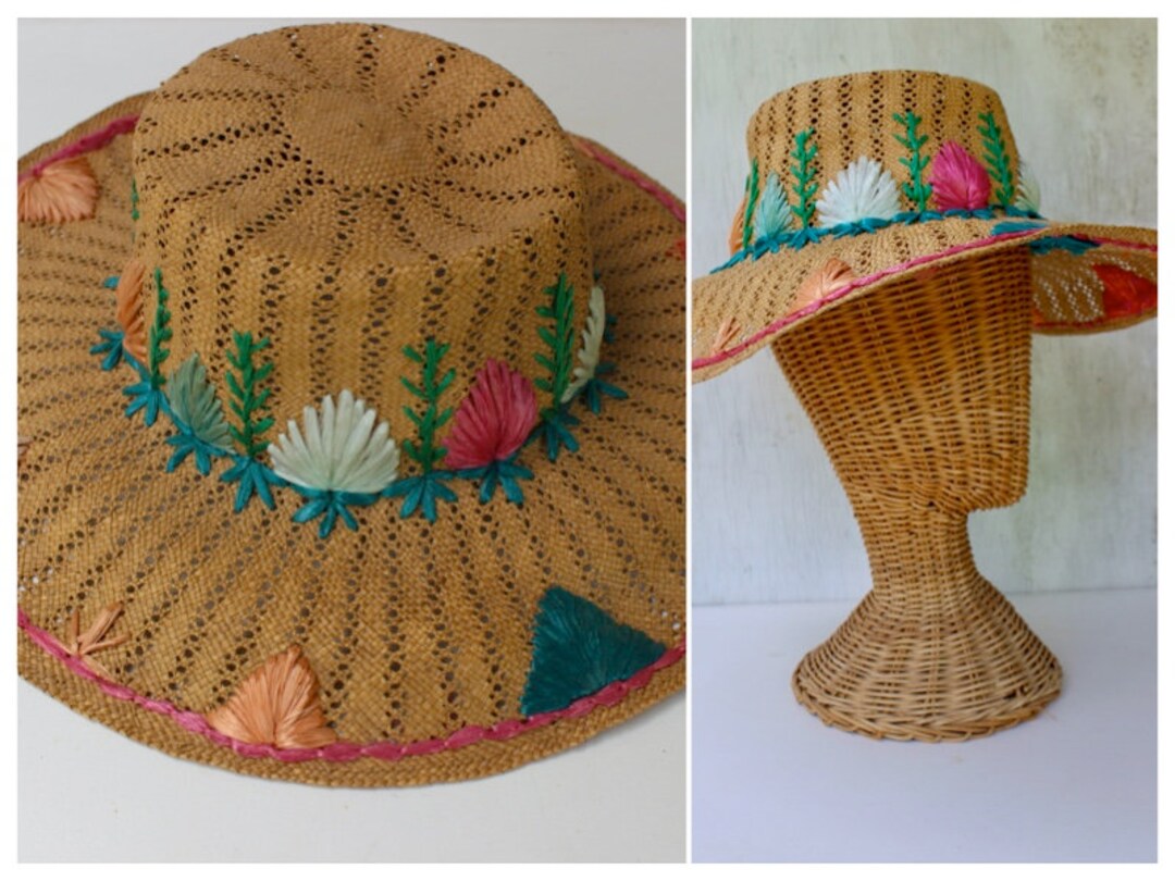 Vintage 1960s Straw Weaved Sun Hat With Raffia Detailing, Vintage Beach ...