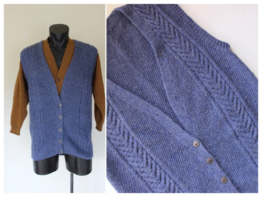 Large Mens Cable Knit Wool Vest, Blue Merino Vest, Wool Vest, Mens ...