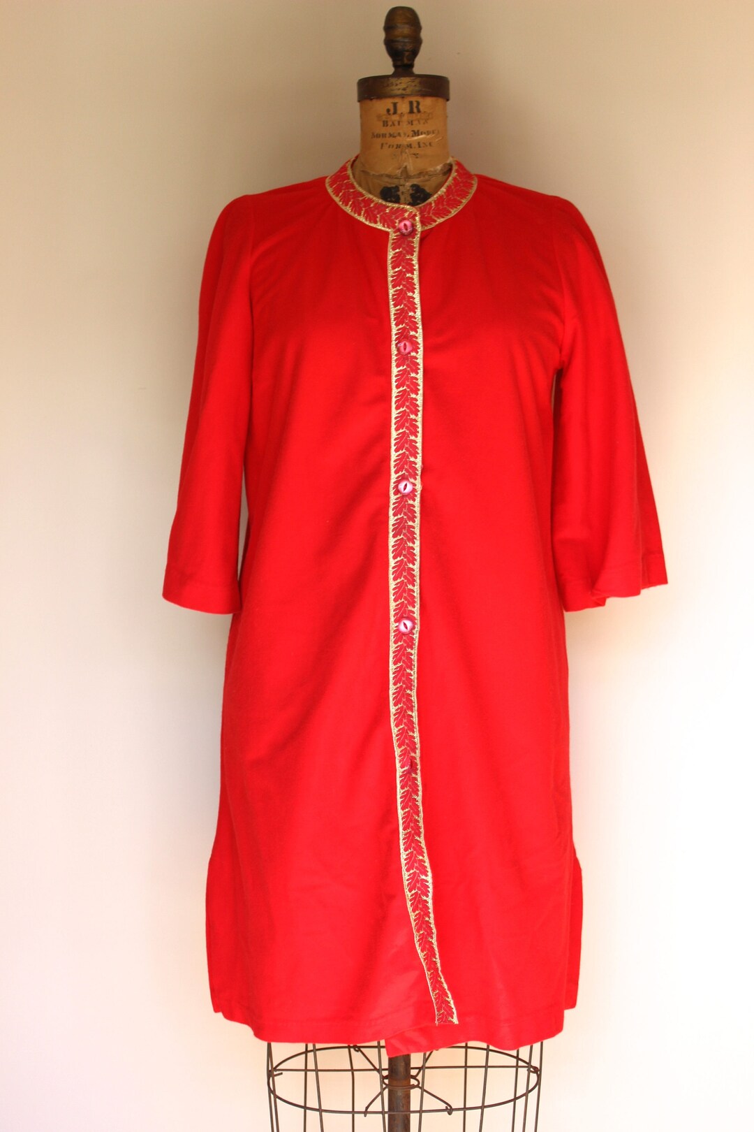 1960s Cherry Red Lounge Wear Velour Robe With Gold Trim, Size Medium ...