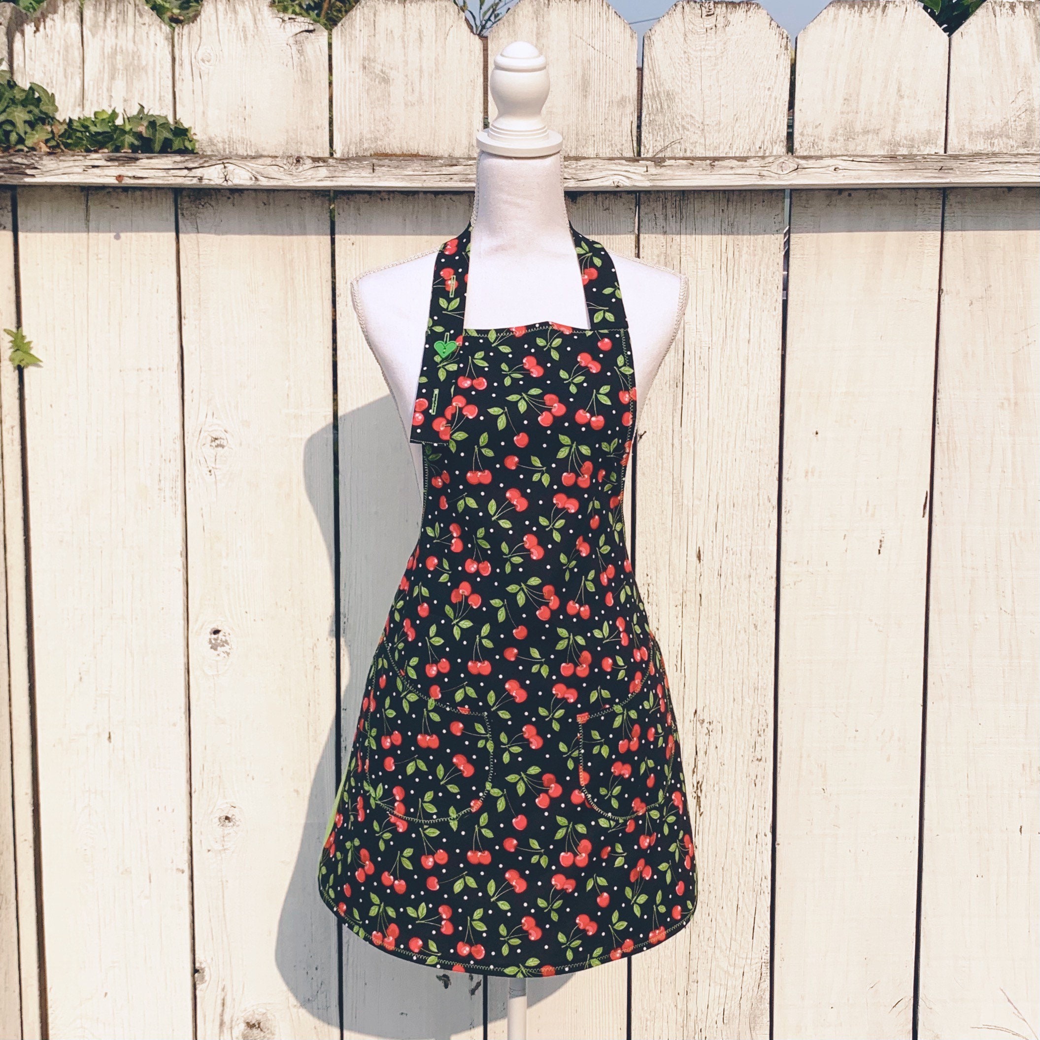 Women's Cherry Polka Dot Print Apron With Solid Green Side Panels ...