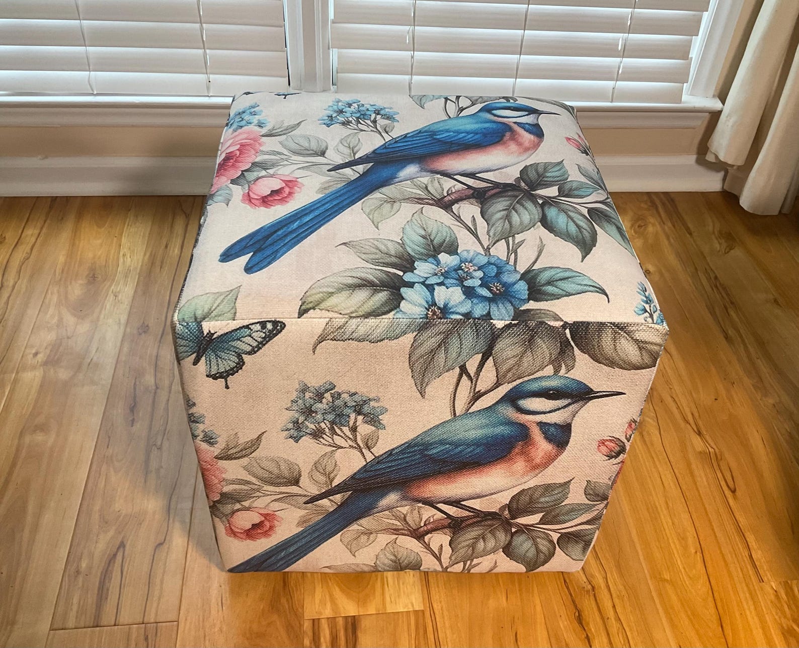 Beautiful Cube Ottoman With “blue Birds” 17x17x17 - Etsy