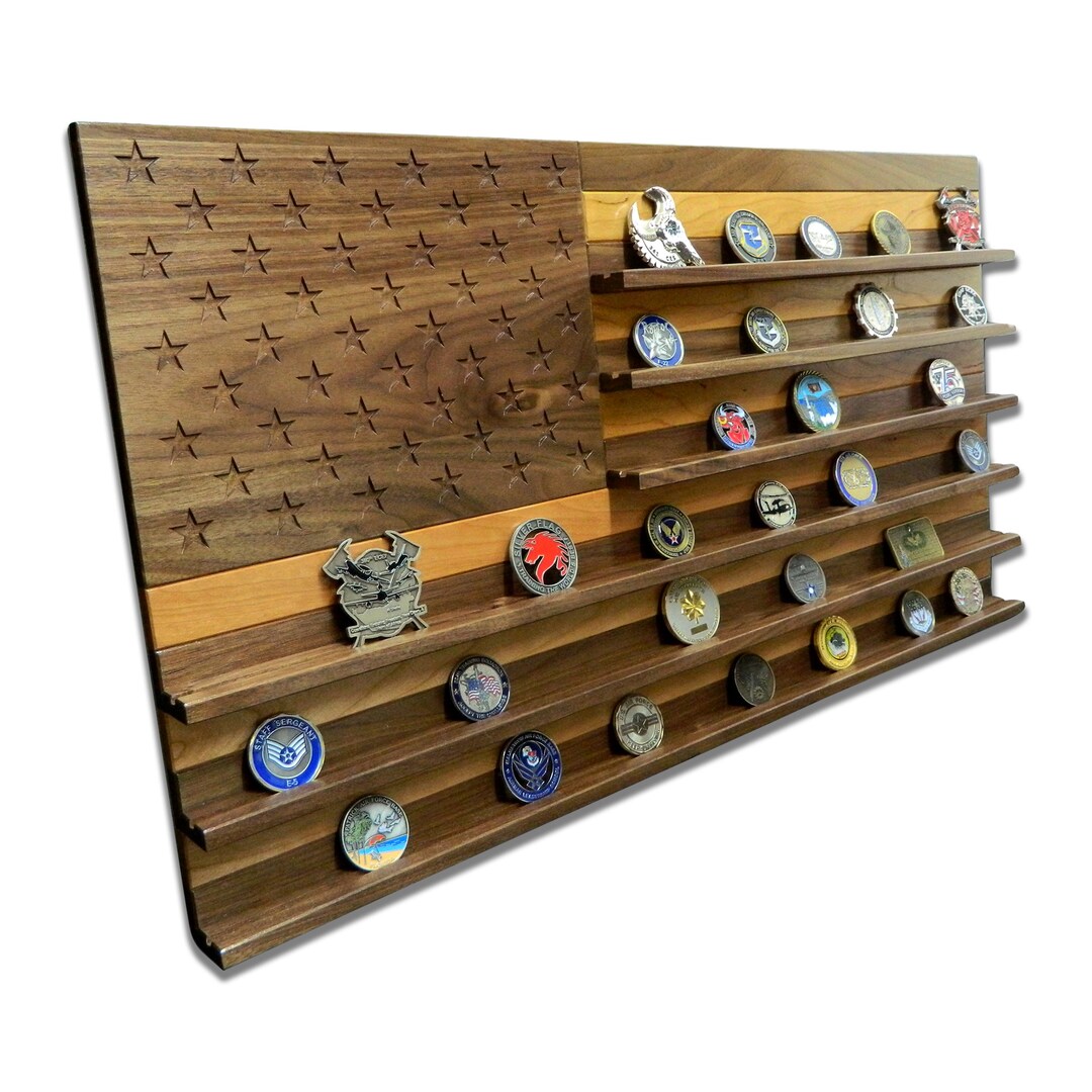 Walnut & Cherry American Flag Challenge Coin Rack: Veteran Made - Etsy