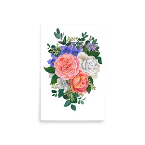 Bouquet of Roses Watercolor Poster, Romantic Bouquet of Pink and White ...