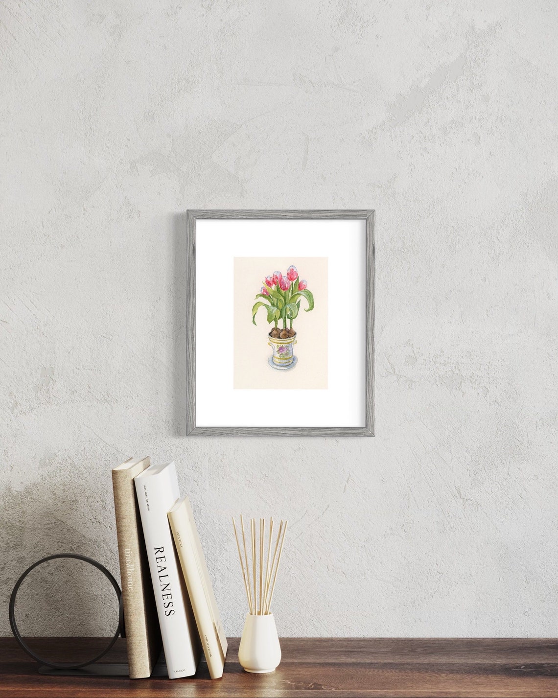 Tulips in Pot Original Watercolor, Pink Tulips Floral Arrangement in ...