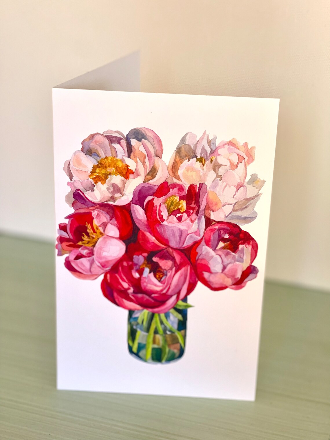 Pink Peonies Watercolor Greeting Card: Floral Bouquet Note Card - Etsy