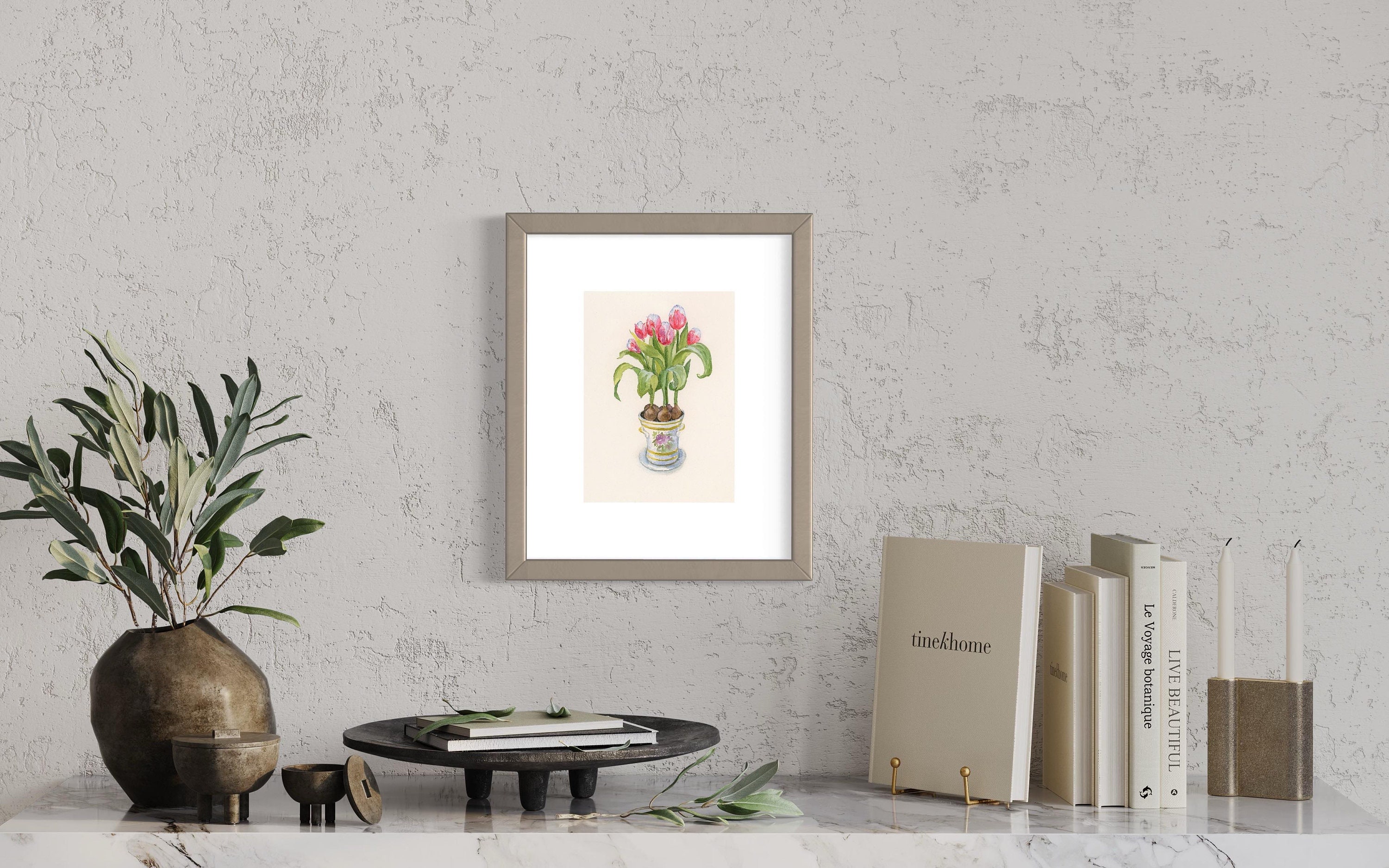Tulips in Pot Original Watercolor, Pink Tulips Floral Arrangement in ...