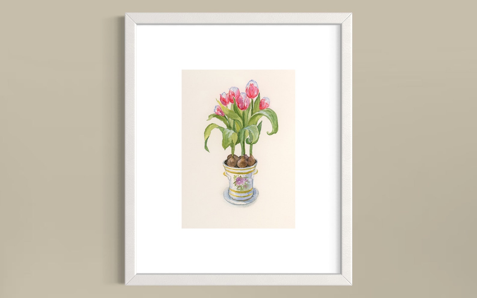 Tulips in Pot Original Watercolor, Pink Tulips Floral Arrangement in ...