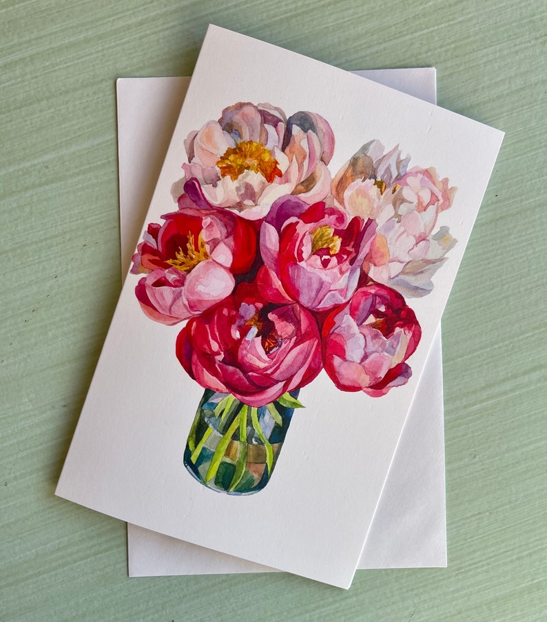 Pink Peonies Watercolor Greeting Card: Floral Bouquet Note Card - Etsy