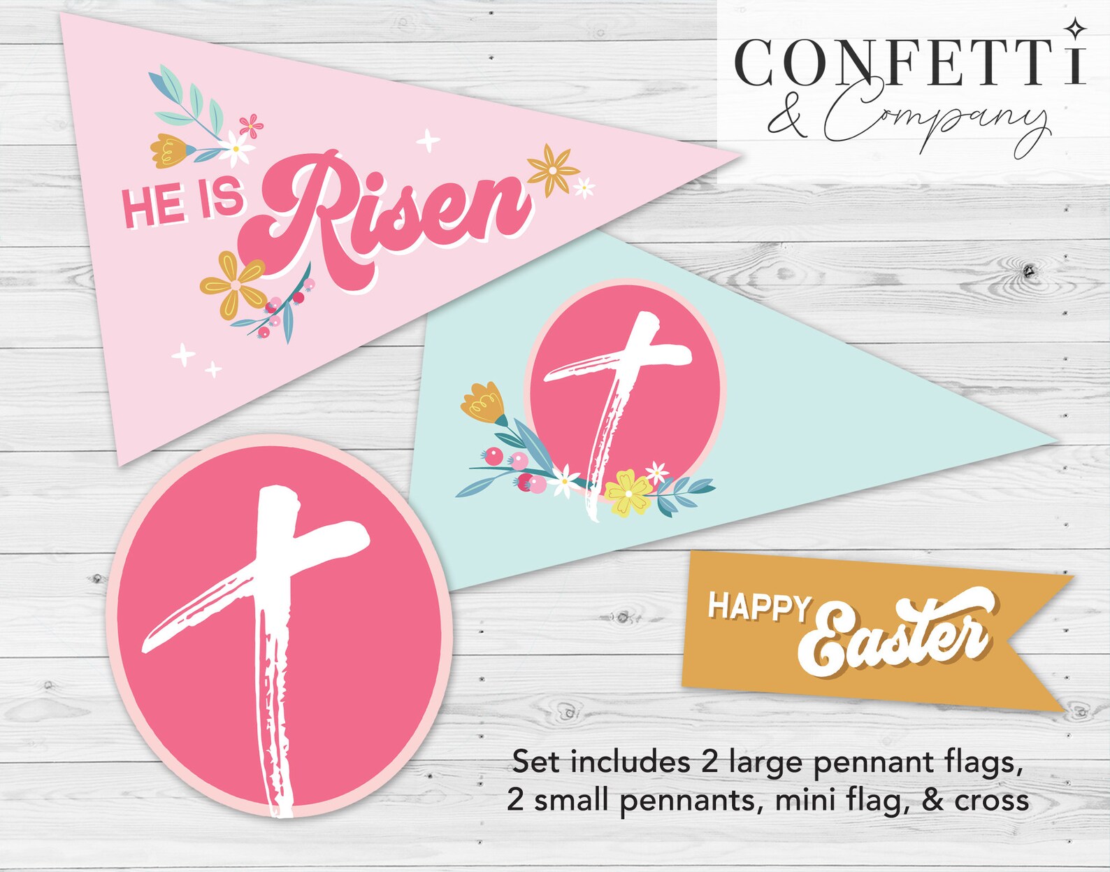 Printable He is Risen Easter Pennant Flag Set, Retro Easter Pennants ...