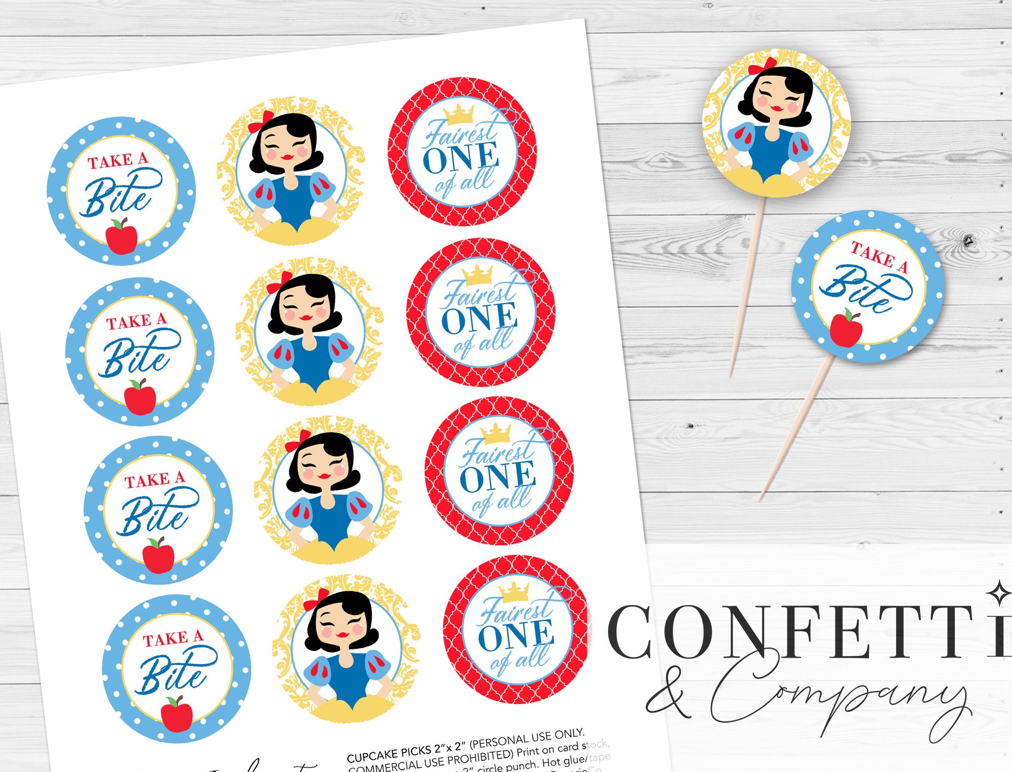 Snow White 1st Birthday Printable Cupcake Toppers Girl's | Etsy