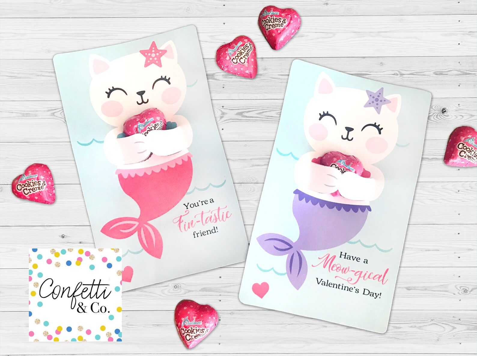 Cat Mermaid Valentine Treat Holder Printable Cards, Candy Hugger Card ...