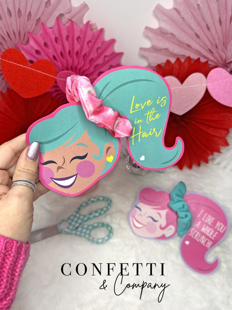 Girl's Scrunchie Valentines, Printable Cards, Kids Valentine, School ...