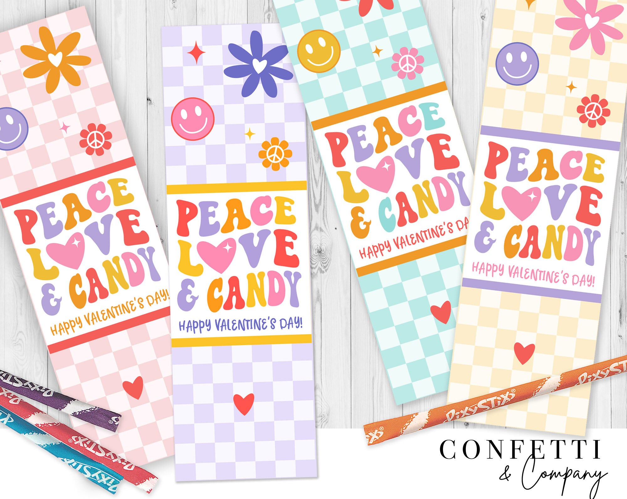 Retro Groovy Valentines, Printable Valentine Card, Peace Love and Candy ...