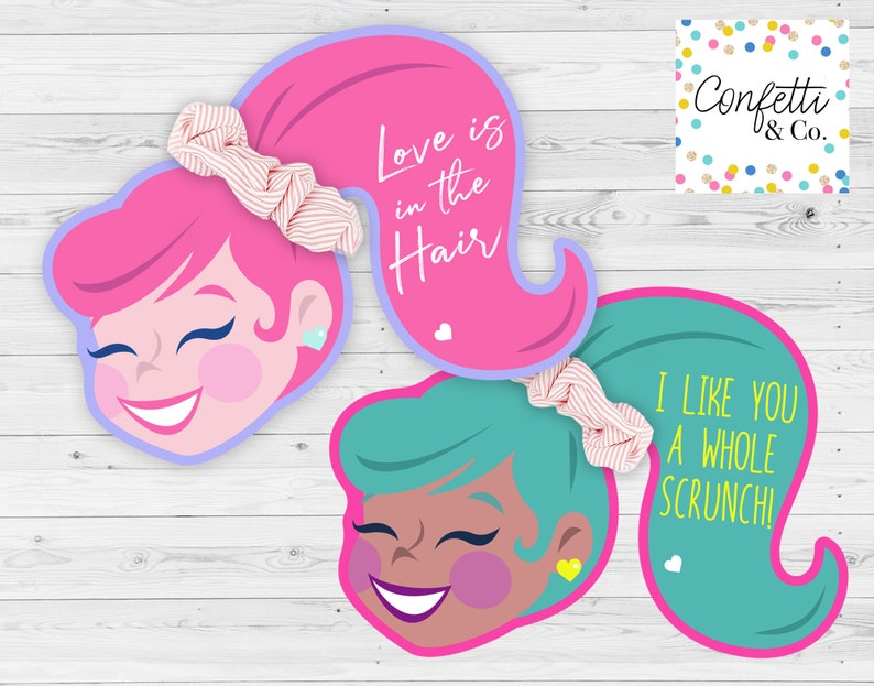 Girl's Scrunchie Valentines, Printable Cards, Kids Valentine, School ...