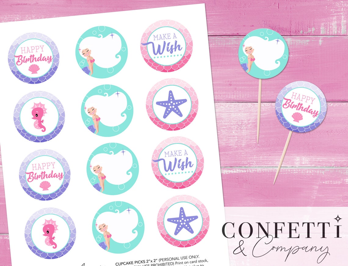 Mermaid Birthday Party Printable Cupcake Toppers Girl's | Etsy