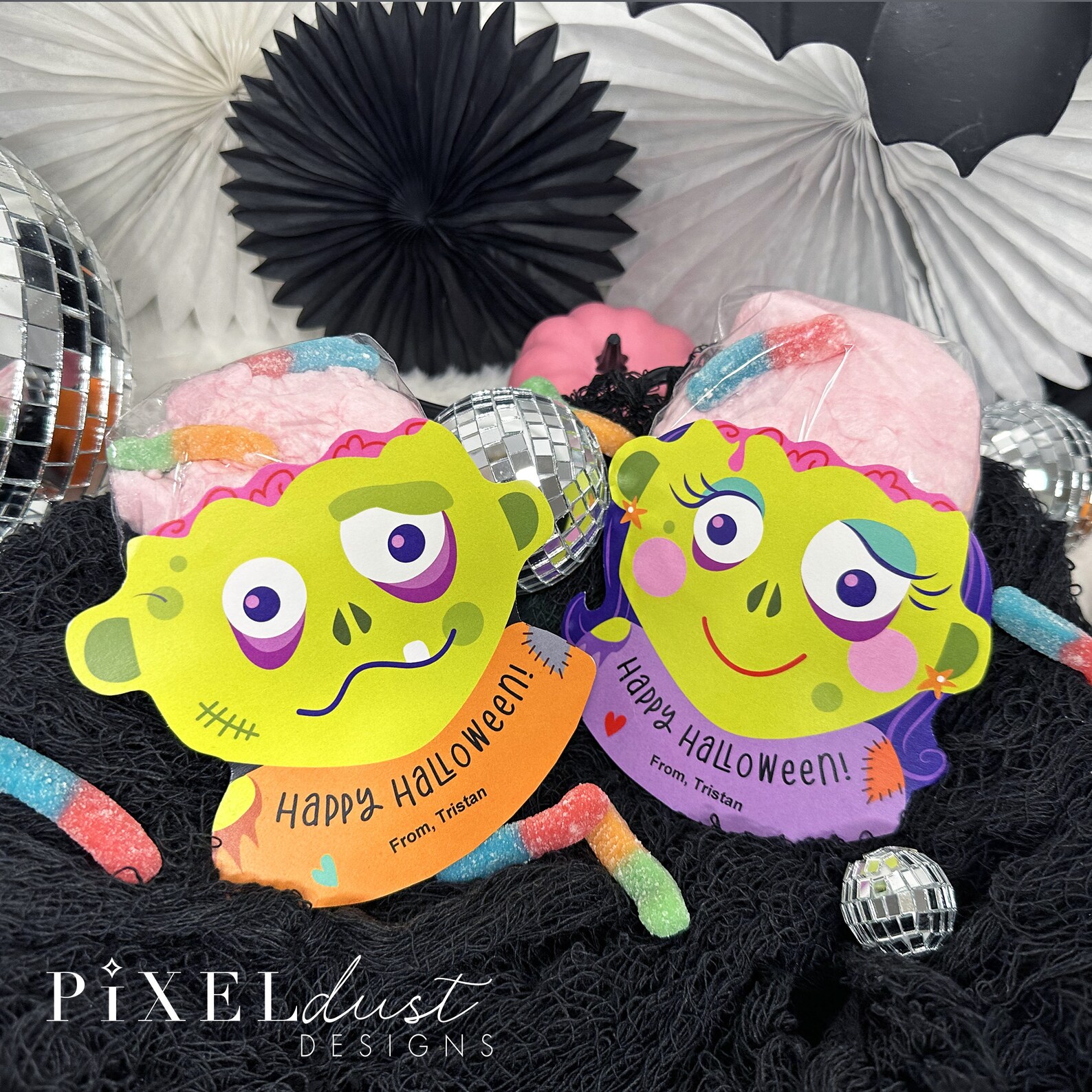 Cotton Candy Zombie Brain Halloween Cards, Kids Classroom Treat Card ...