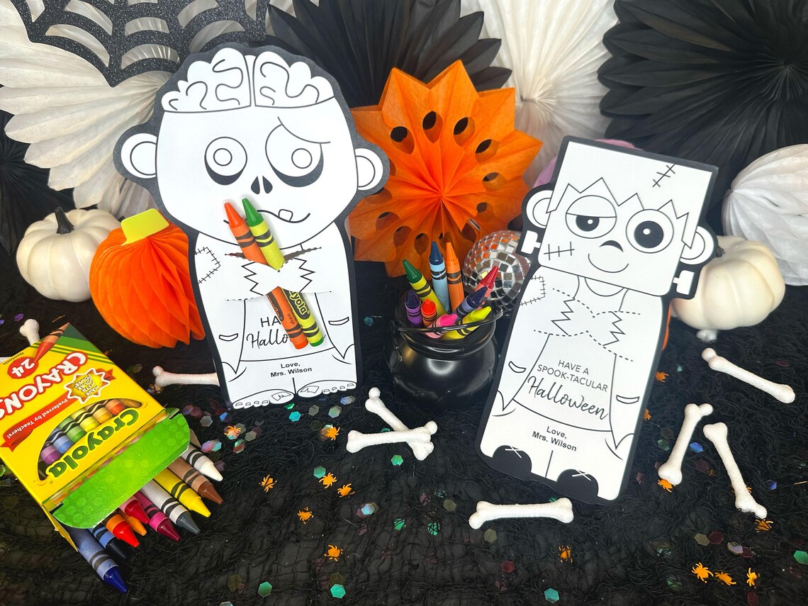 Halloween Crayon Holder Printable Coloring Sheet Cards, Classroom Treat ...