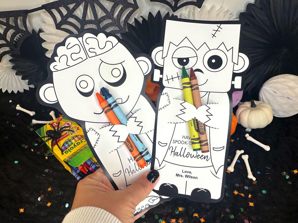 Halloween Crayon Holder Printable Coloring Sheet Cards, Classroom Treat ...