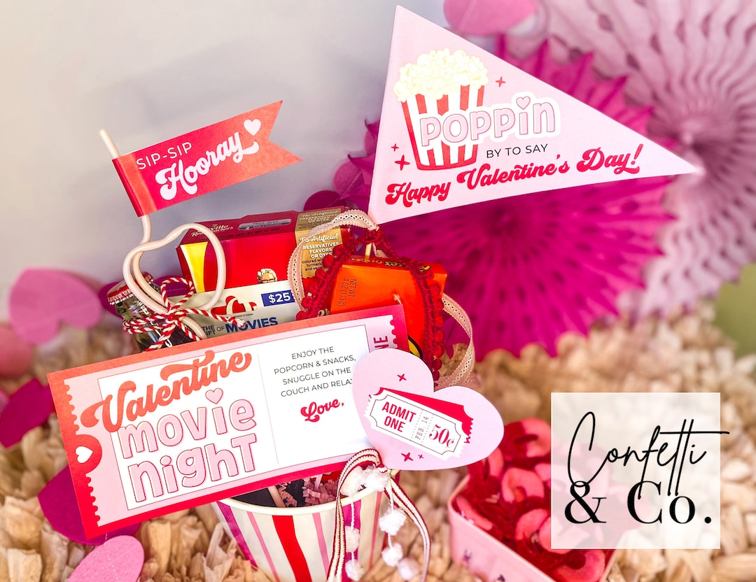 Printable Valentine Movie Night Gift Basket Flags, Retro Valentine's ...