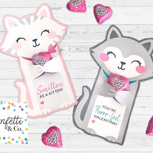 Kitten Valentine Treat Holder Printable Cards, Candy Hugger Card, Girls ...