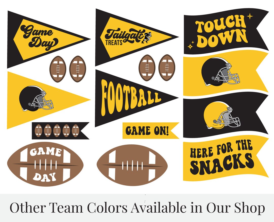 Black & Gold Game Day Football Pennant Flags, Digital PDF Printable ...