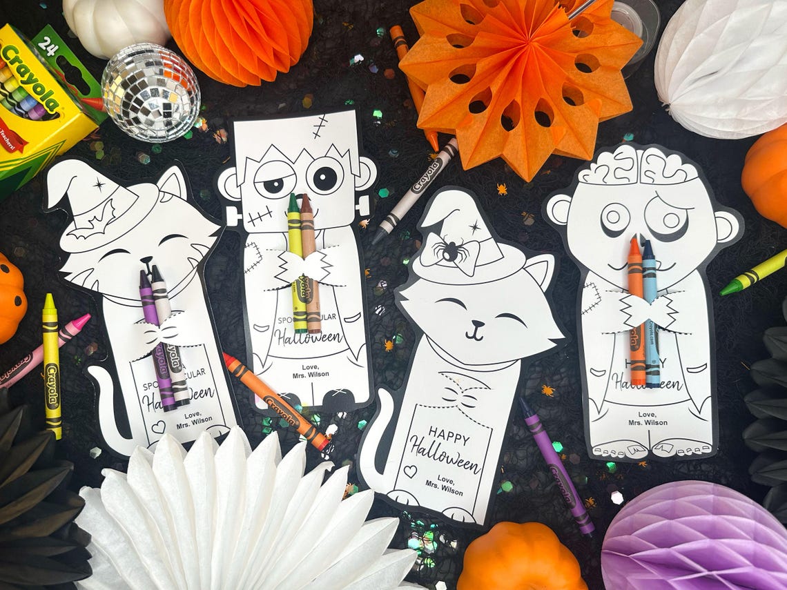 Halloween Crayon Holder Printable Coloring Sheet Cards, Classroom Treat ...