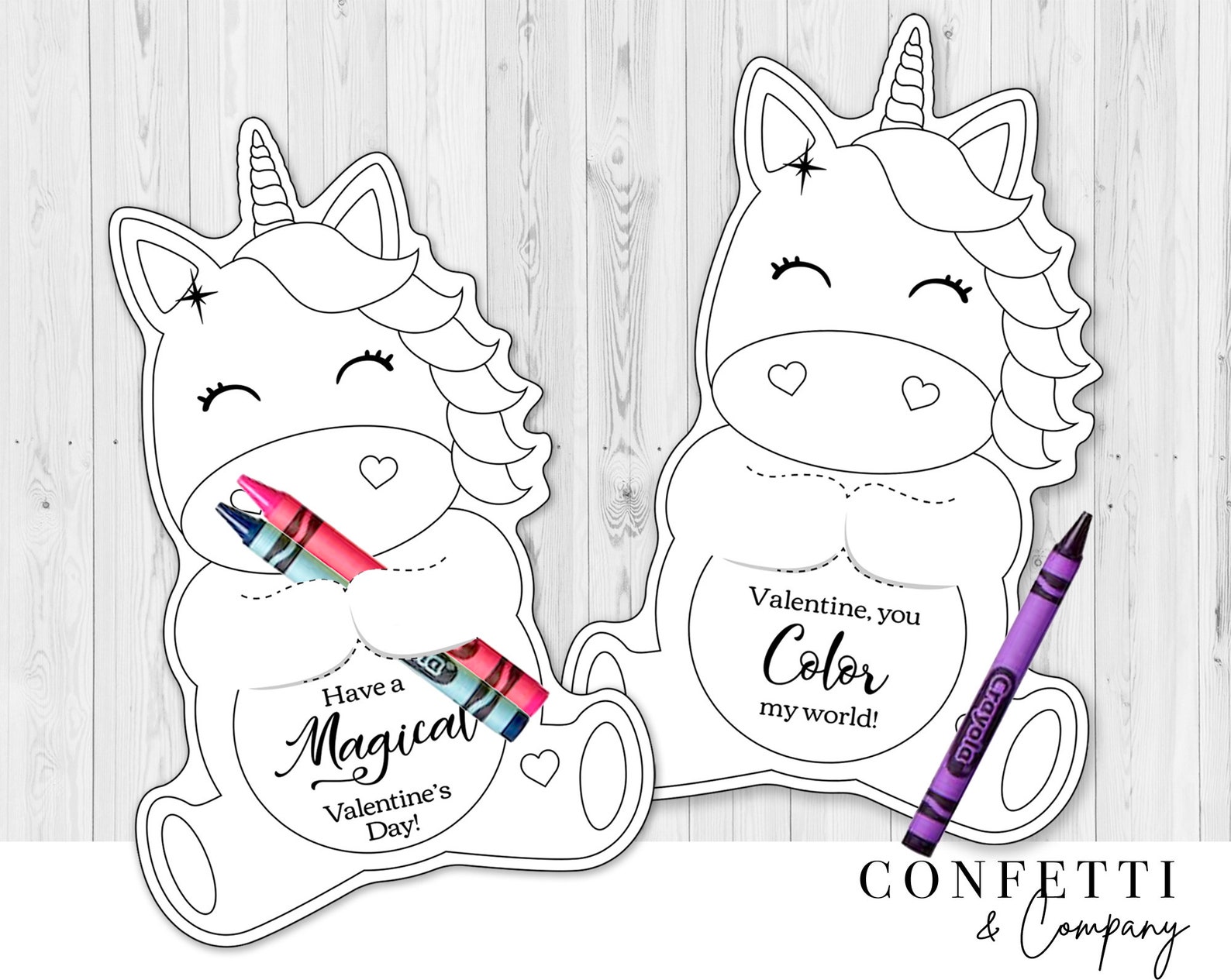 Unicorn Valentine Coloring Sheet Cards Crayon Hugger Girls | Etsy