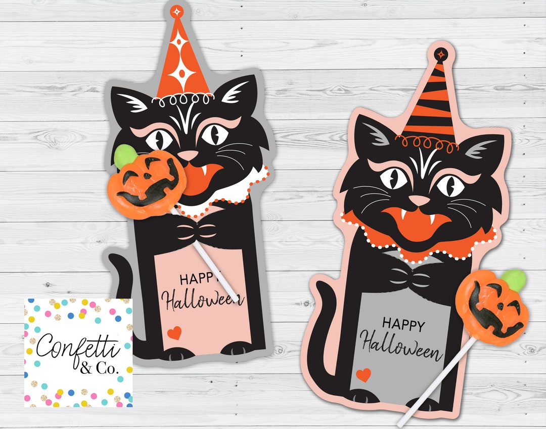 Retro Black Cat Halloween Treat Holder Printable Card for Kids, Light ...