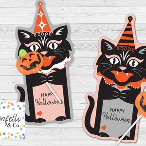 Retro Black Cat Halloween Treat Holder Printable Card for Kids, Light ...